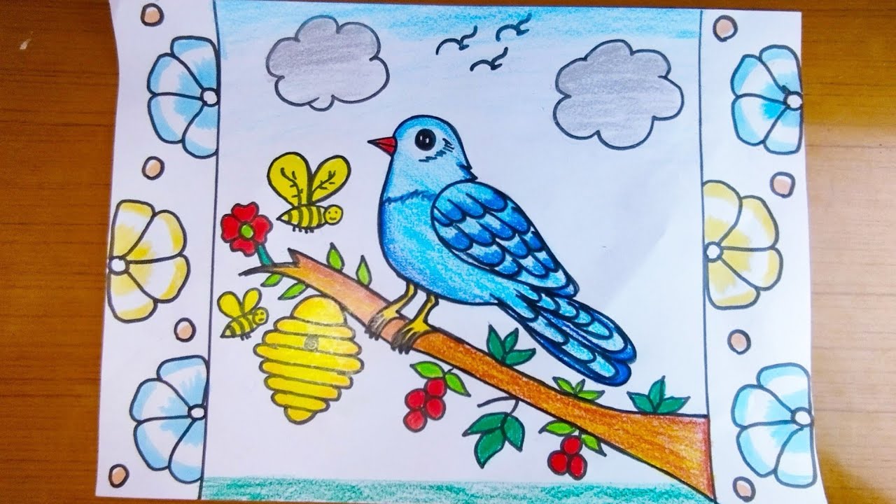 Bird Scenery Drawing / Easy Sparrow Drawing For Beginners / Bird ...