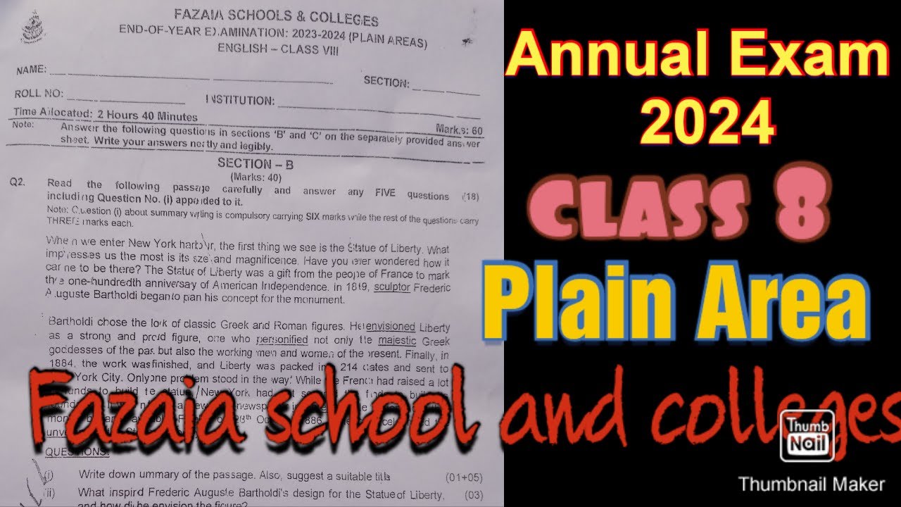 Fazaia school and colleges Annual Examination 2024 plain Area class 8 ...