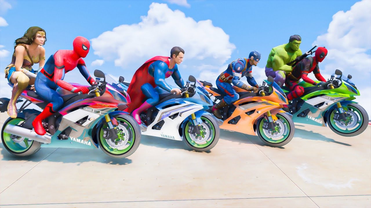 SUPERHERO MOTORCYCLE FUNNY CONTEST - MEGA RAMP AROUND THE RIVER - YouTube