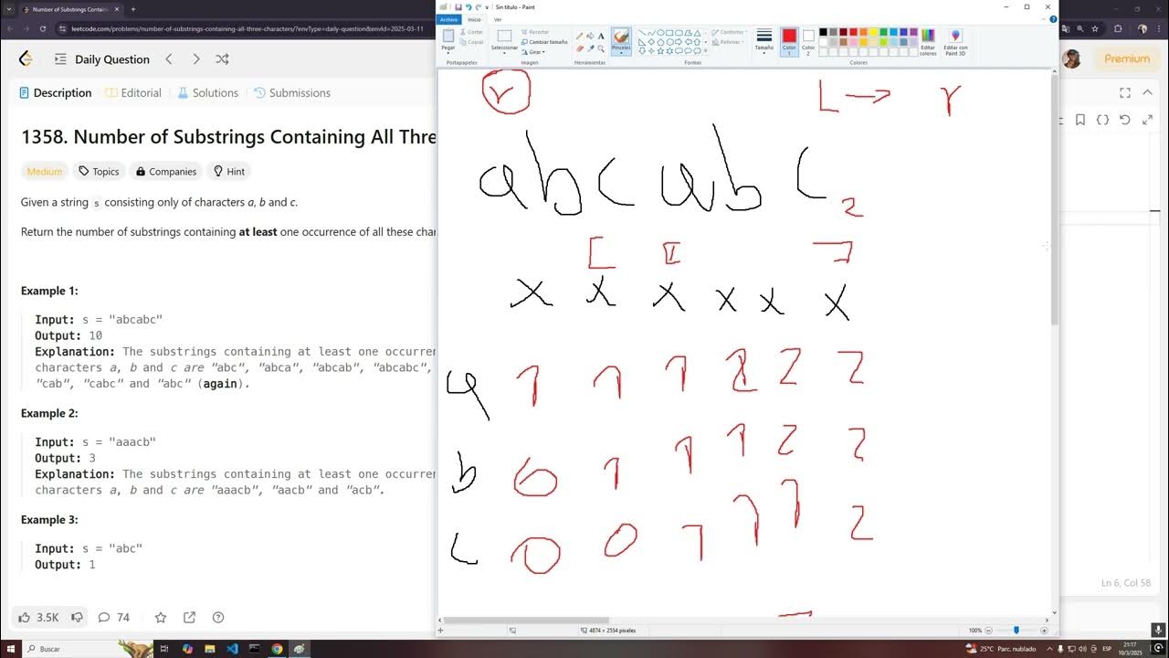 1358. Number of Substrings Containing All Three Characters - solución en español - YouTube