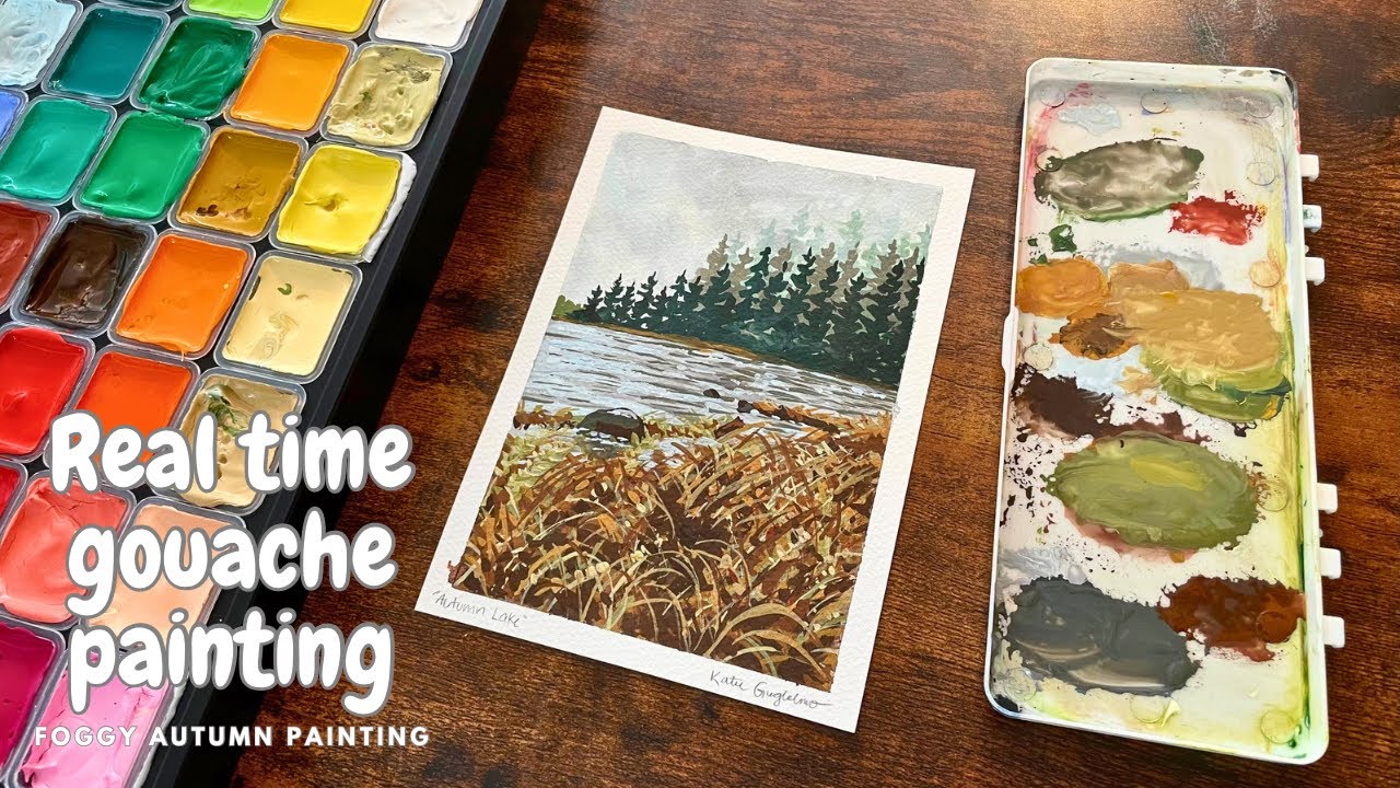 Autumn Lake Gouache Painting Real Time - YouTube