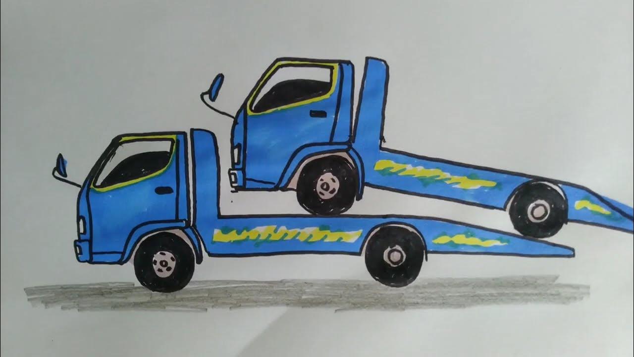 truk towing kembar biru saling angkut - cara menggambar truk - YouTube