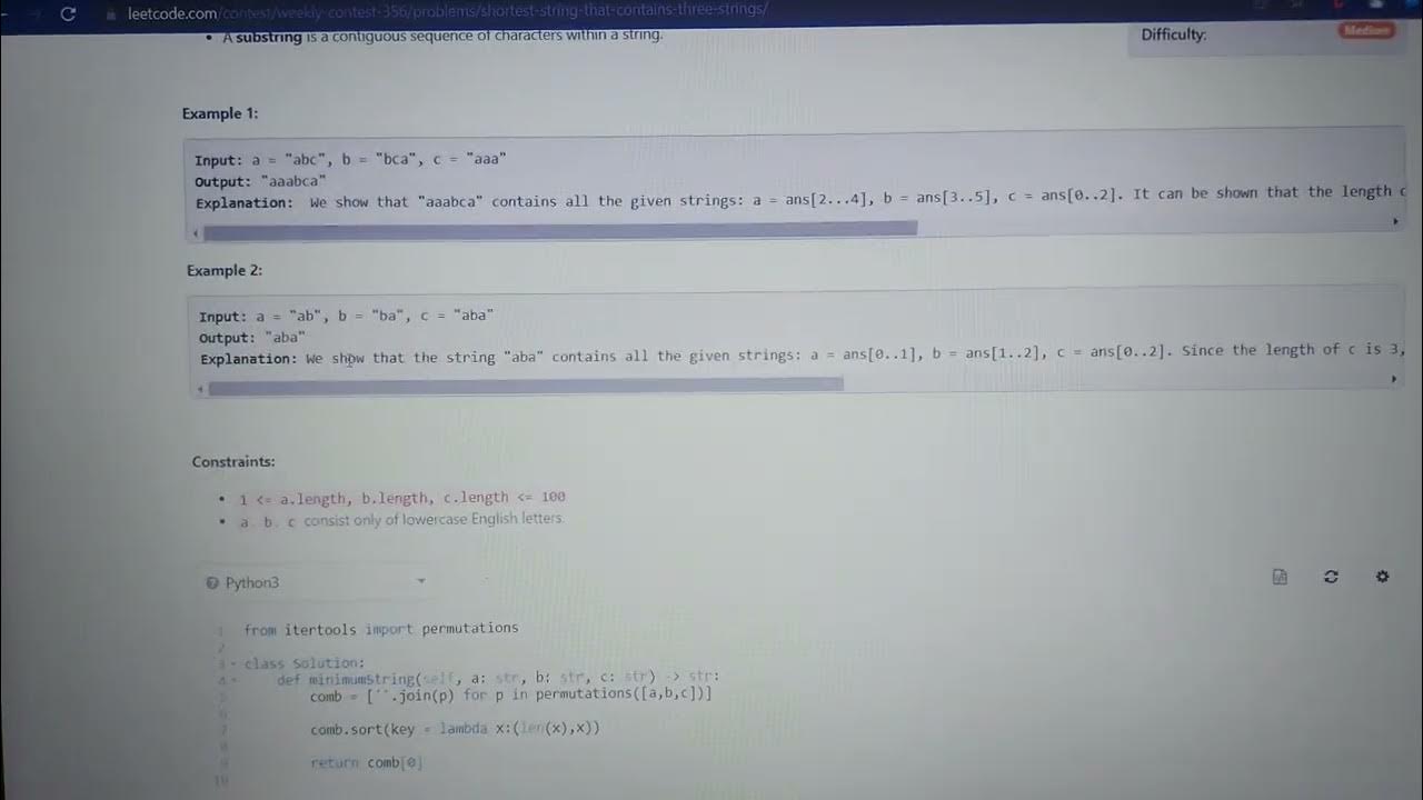 leetcode contest 356 # shortest string that contains three strings ...