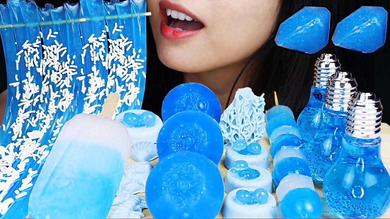 ASMR BLUE DESSERTS 💙 EDIBLE LIGHT BULB, BLUE DIAMOND JELLY, RASPBERRY ...