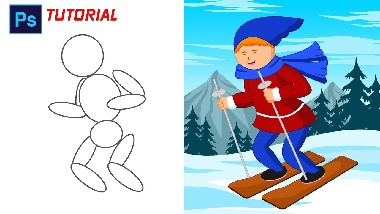 Photoshop Tutorial - Happy Kid ice Skating Drawing step by step - YouTube