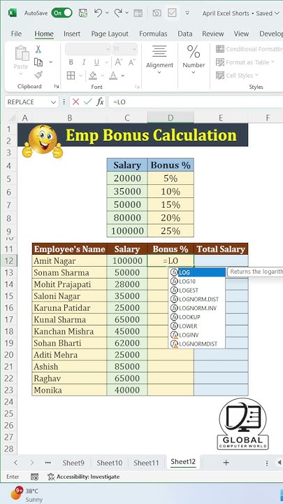 How to Calculate Bonus Based on Salary in MS Excel? #excel #exceltips #exceltutorial #ytviral ...
