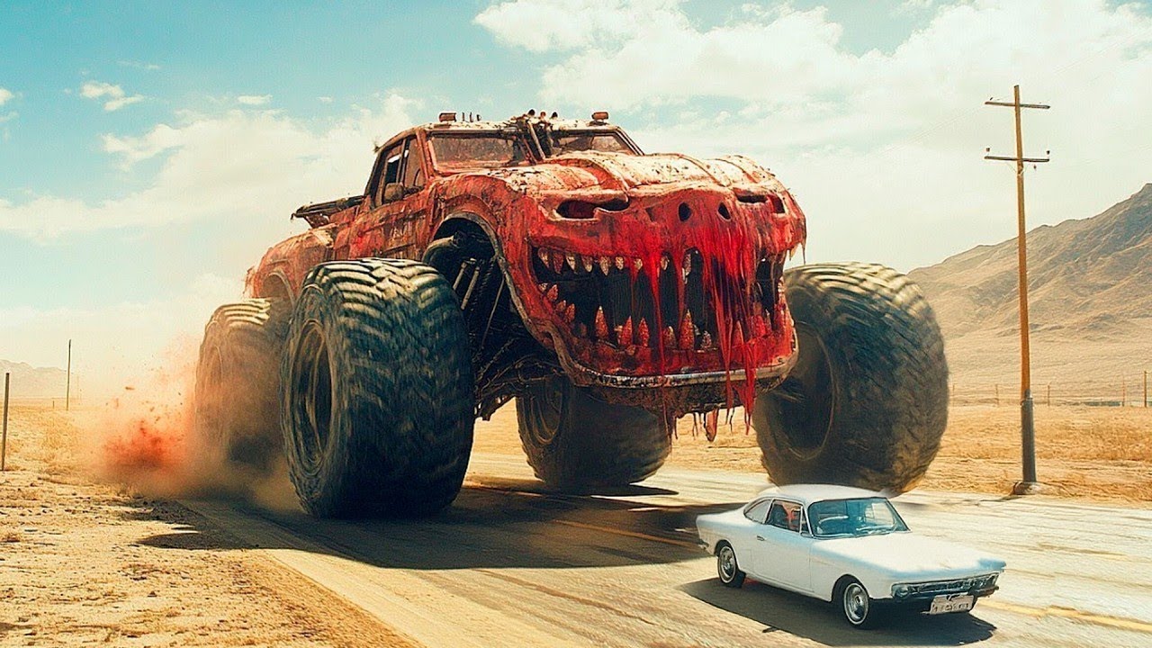 A MONSTER TRUCK, driven by a DEMON, is chasing other vehicles to ...