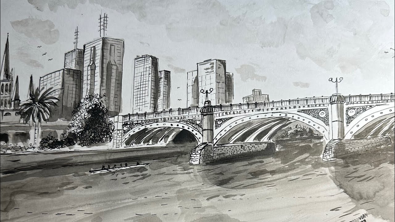 Timelapse ink drawing of the Yarra river Melbourne Australia - YouTube