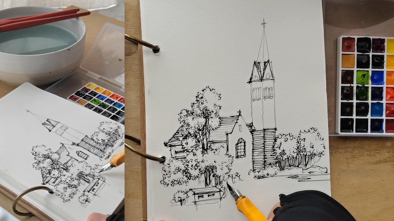 How to draw a combination of buildings and trees and color them with ...