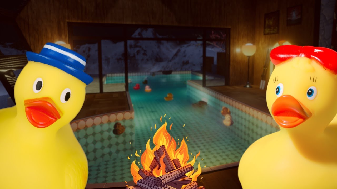 Rubber ducks relax at a mountain resort (with pools and a fireplace ...