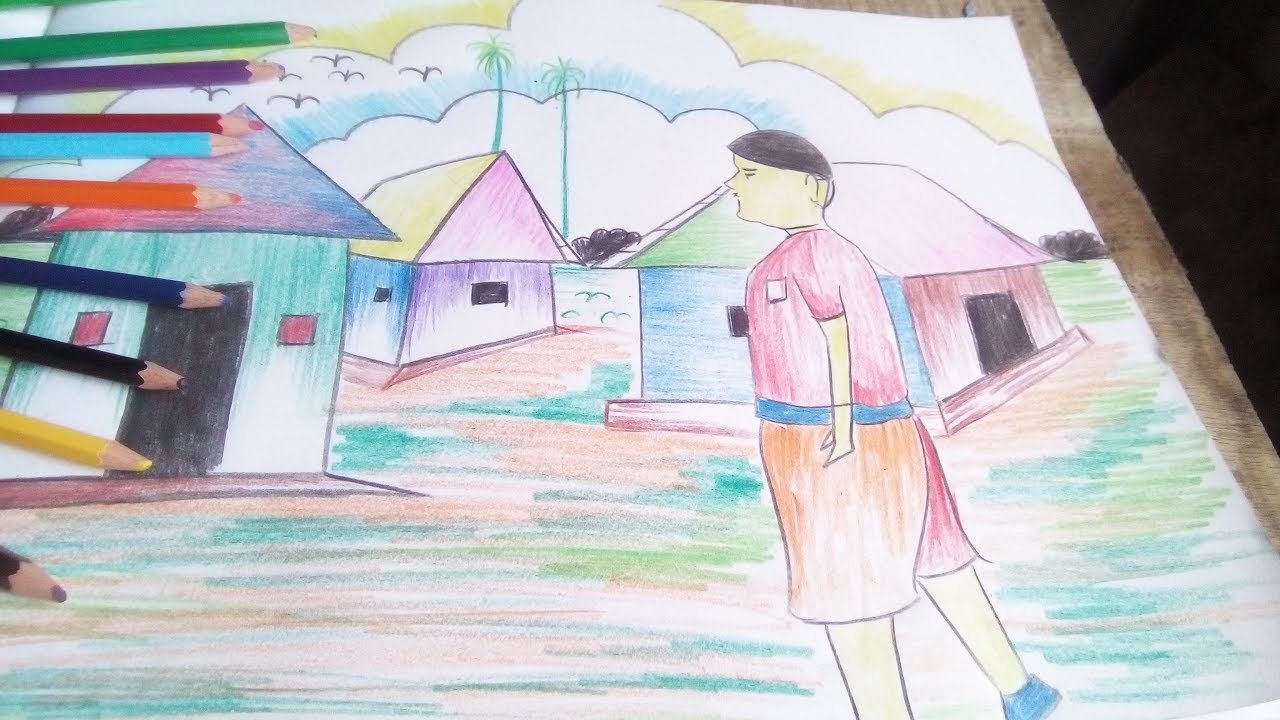 student draw and colour...........how to draw a scenary with boy and ...