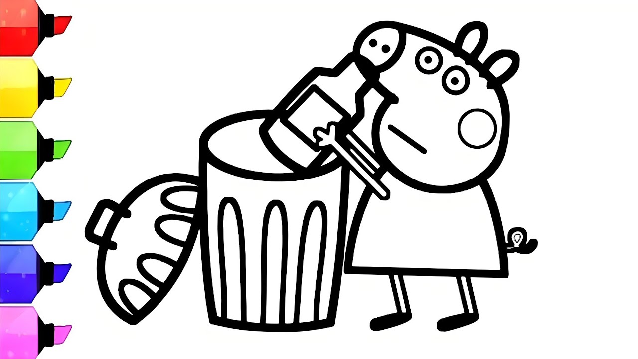 Peppa Pig throwing bottles in the trash Drawing and Coloring for Kids ...