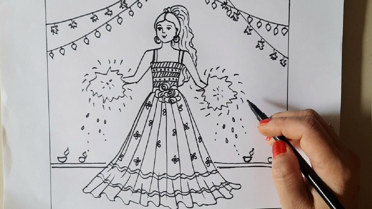 Diwali drawing | How to draw Diwali festival | Girl doing deewali ...