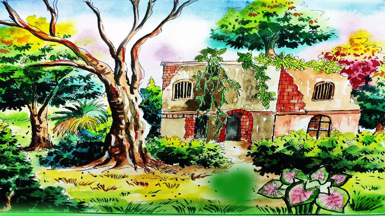 How To Draw A Scenery House In Forest Step By Step - Draw For Beginners ...