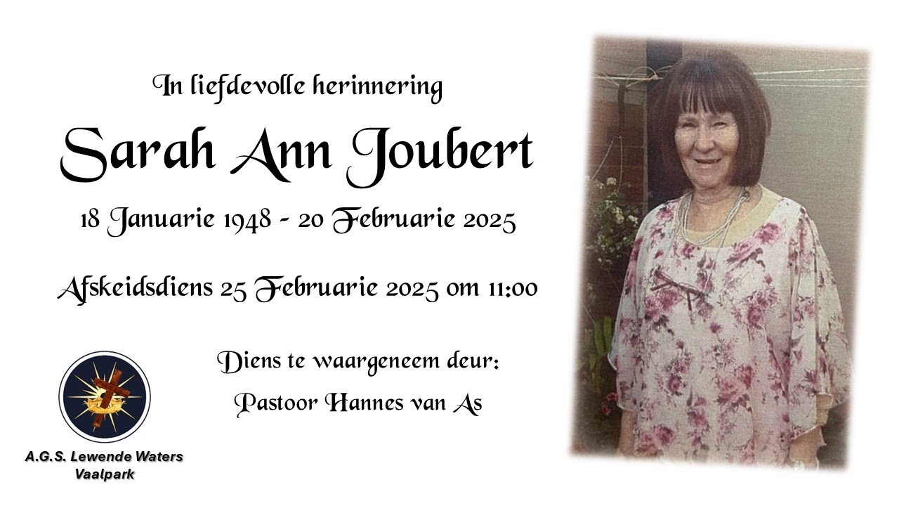 Afskeidsdiens: Sarah Ann Joubert - YouTube