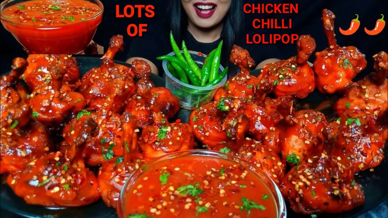ASMR:EATING LOTS OF BIG SIZE SPICY CHICKEN CHILLI LOLIPOP WITH HOT ...