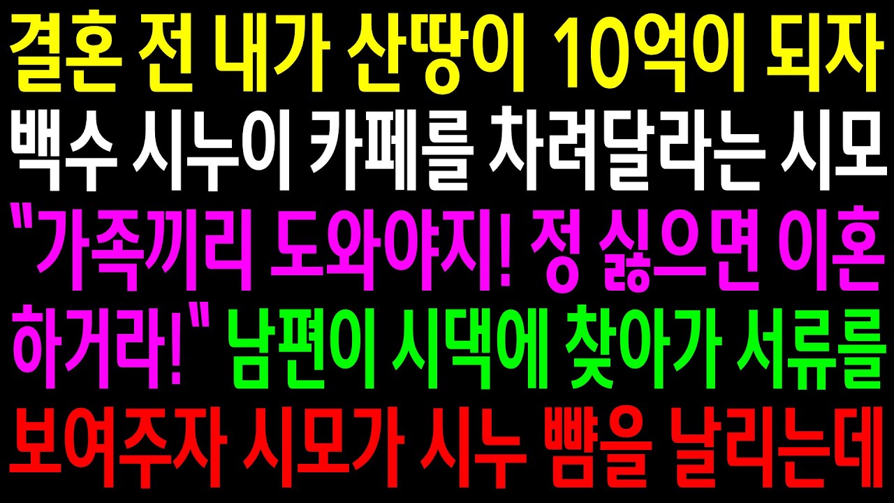 반전사연결혼전 내가 산땅이 10억이 되자 백수 시누이 카페를 차려달라는 시모남편이 시댁에 찾아가 서류를 보여주자 시모가 시누 뺨을 날리는데 신청사연 사이다썰 사연