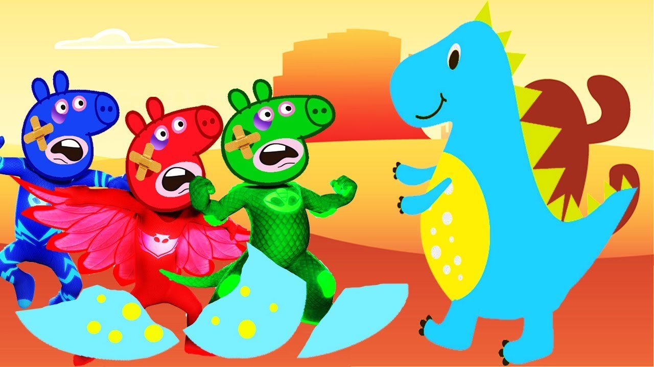 FIVE LITTLE PEPPA PIG PJ MASKS JUMPING ON THE SQUISHY DINOSAUR ...