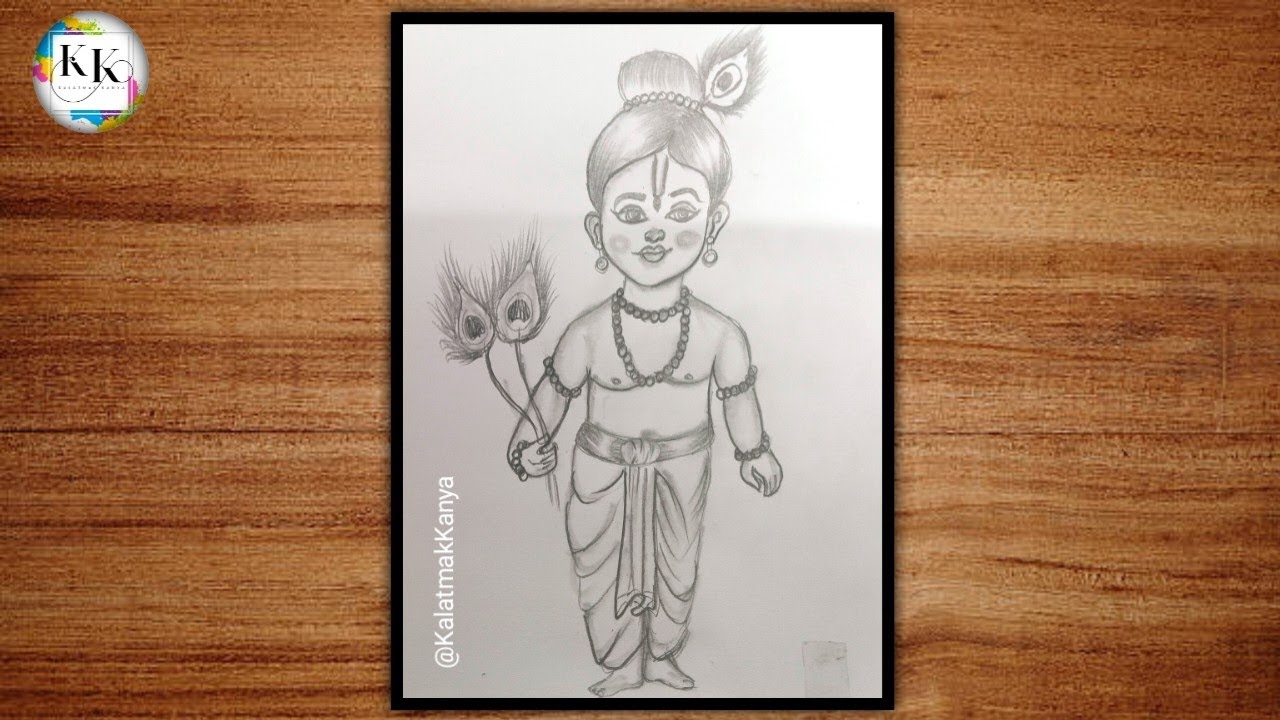 Cute Baby Krishna Drawing/How to draw Cute Krishn with Morpankh Drawing ...