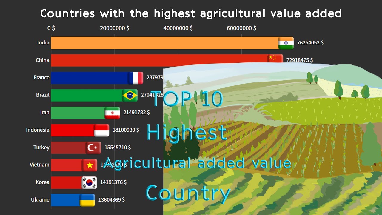 The 10 countries with the highest agricultural value added from 1972 to ...