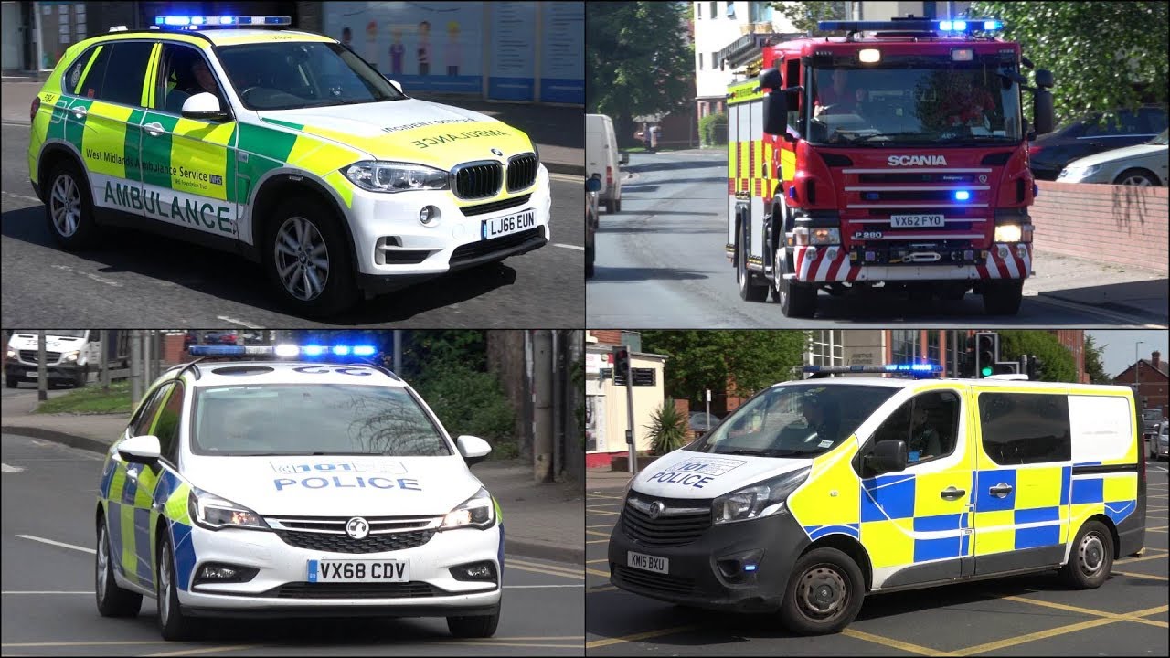 Fire Engine, Police Cars and Ambulances responding with siren and ...