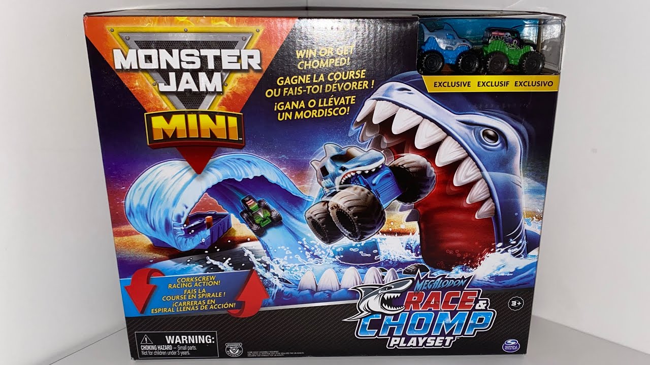 MONSTER JAM MINI MEGALODON RACE & CHOMP PLAYSET REVIEW - Spin Master ...