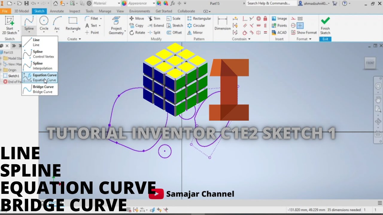TUTORIAL INVENTOR C1E2 - SKETCH 1 (LINE, SPLINE, EQUATION CURVE, BRIDGE ...