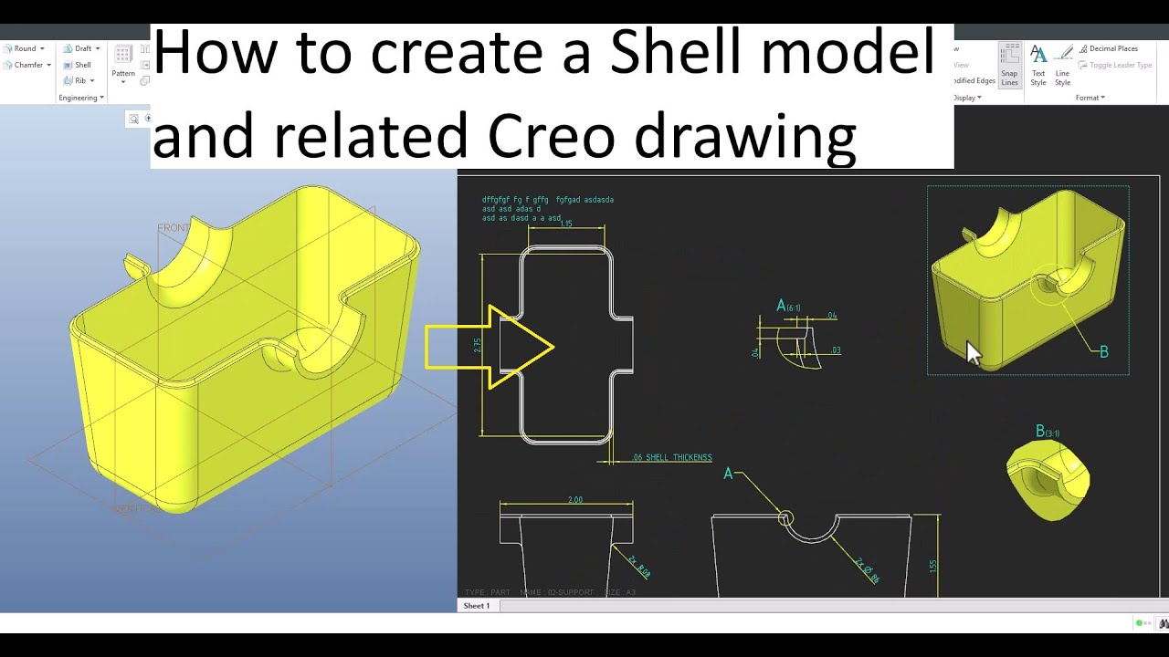 How to create a Shell model and related Creo drawing - YouTube