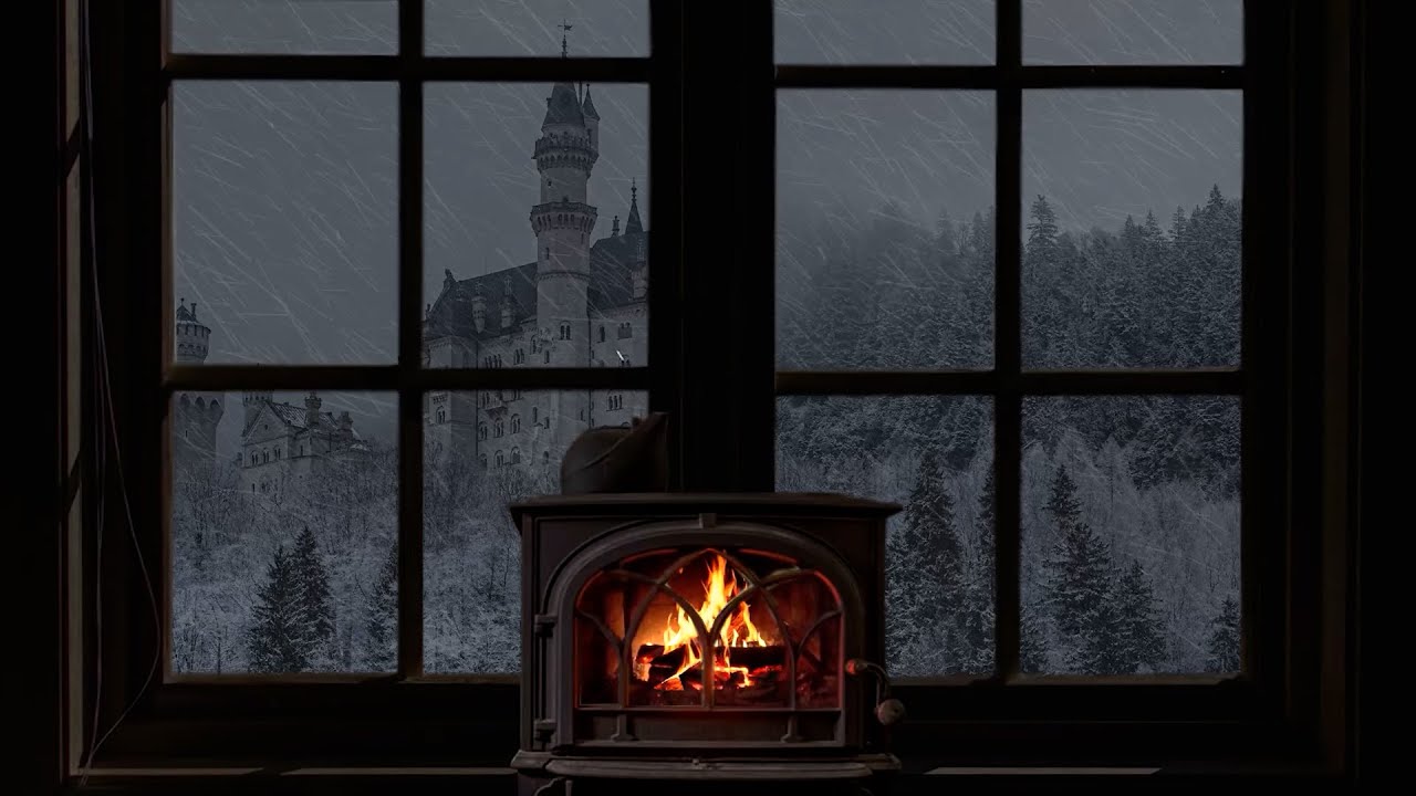Deep Sleep in a Cozy snowing window - Fireplace, Blizzard, Snow Storm ...