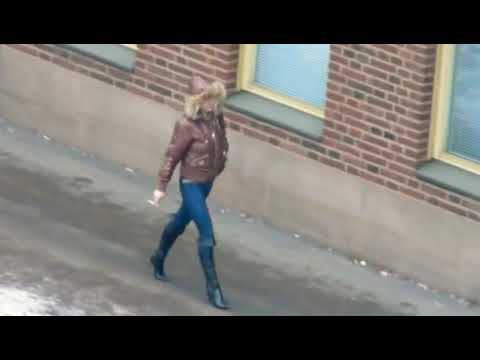 Lady Smoking & Walking in Spike Heeled Leather OTK Boots with the Tops ...