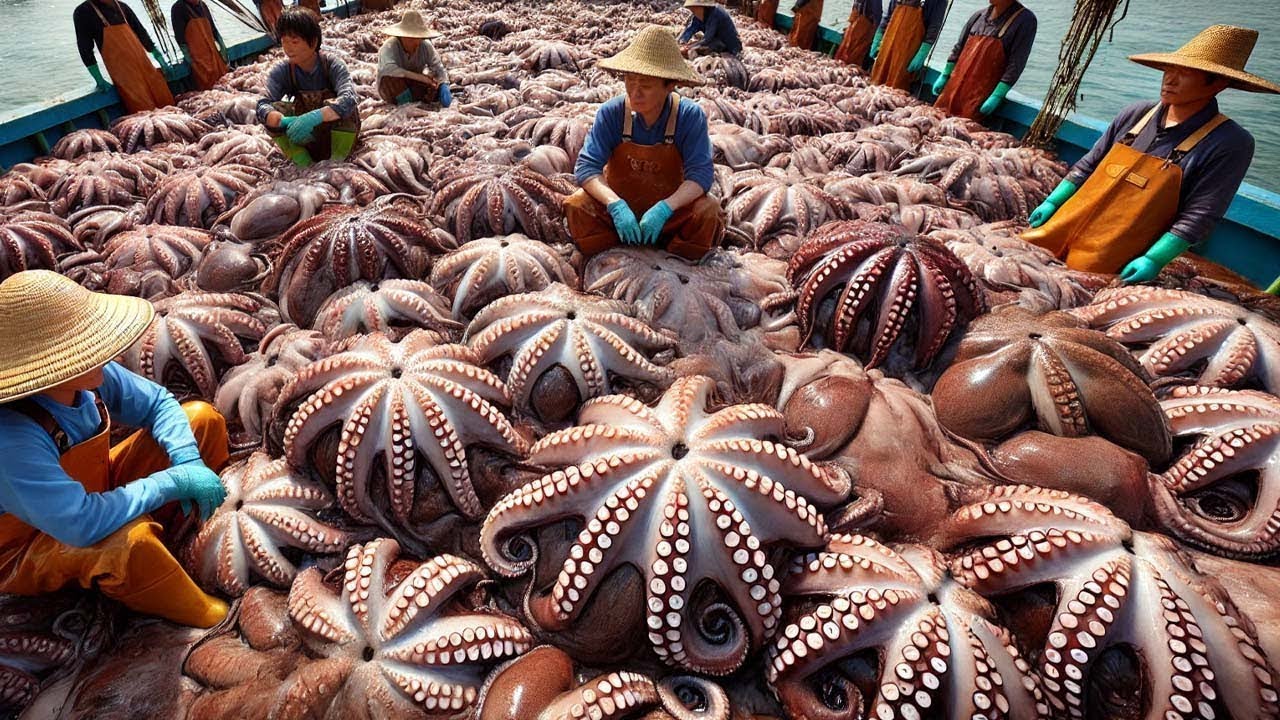Fishermen catch hundreds of tons of giant octopus every day, catch and process giant octopus ...