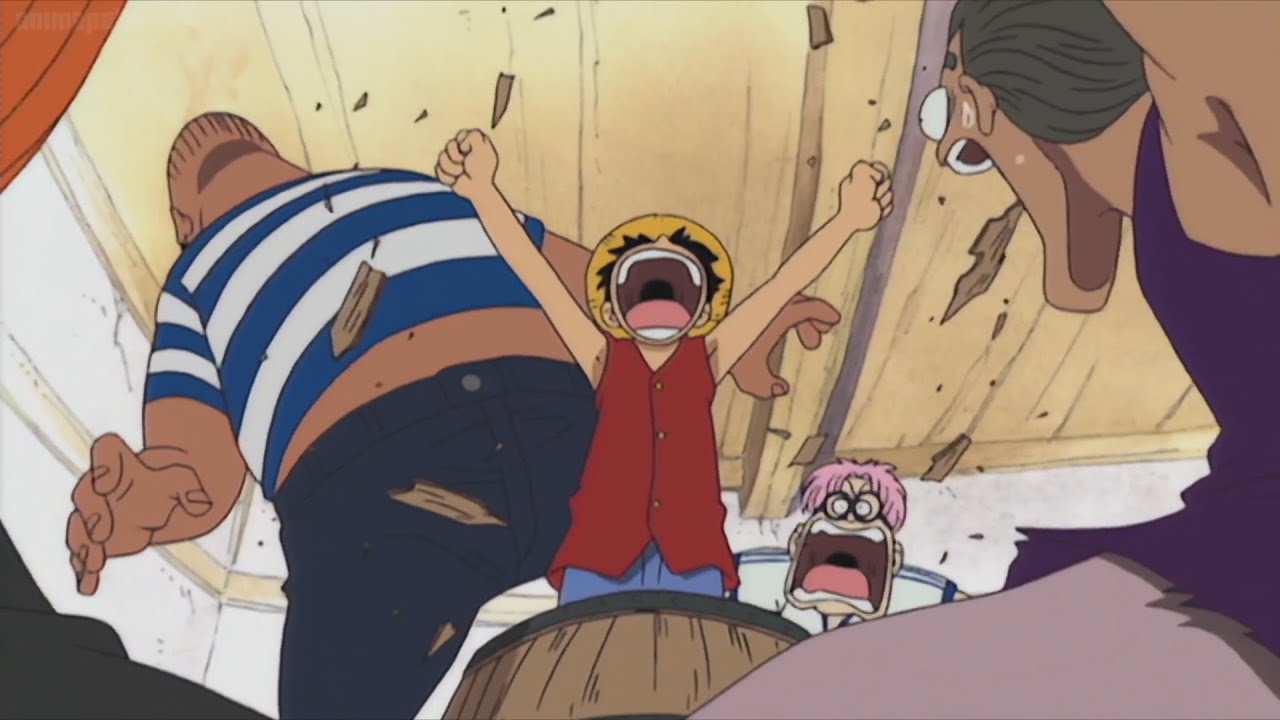 Luffy pop out from a barrel, Alvida flew away with Luffy's Gum Gum ...