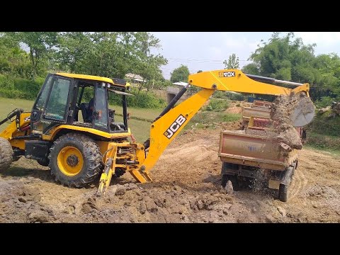 JCB 4DX backhoe loader machine work at pond digging and tata tipper ...