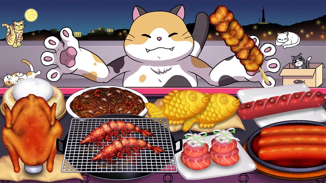 Mukbang Animation Grilled Shrimp set eating Food fighter cat - YouTube