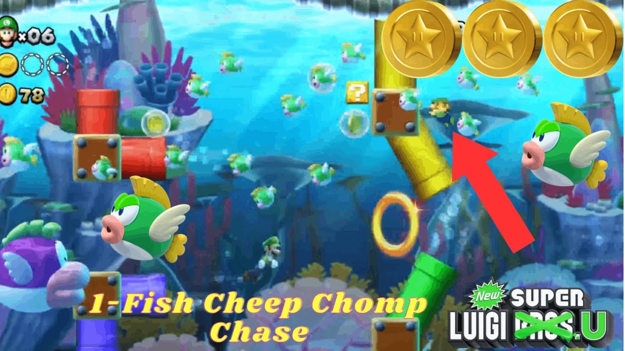 [New Super Luigi U Deluxe] 1-Fish Cheep Chomp Chase All 3 Star Coins ...