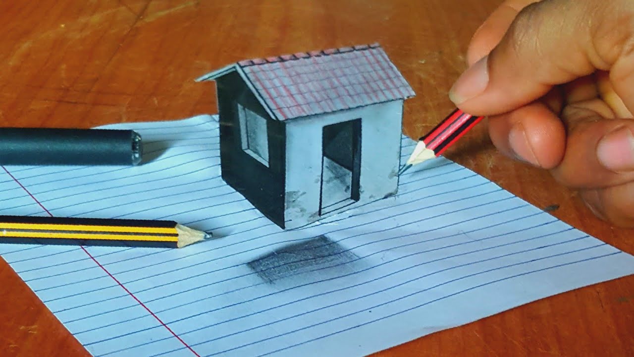 How to draw trick art 3d home on line paper - YouTube