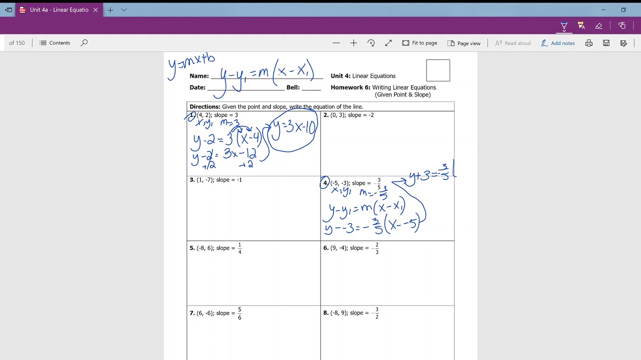 Writing linear equations (given point and slope) HW - YouTube