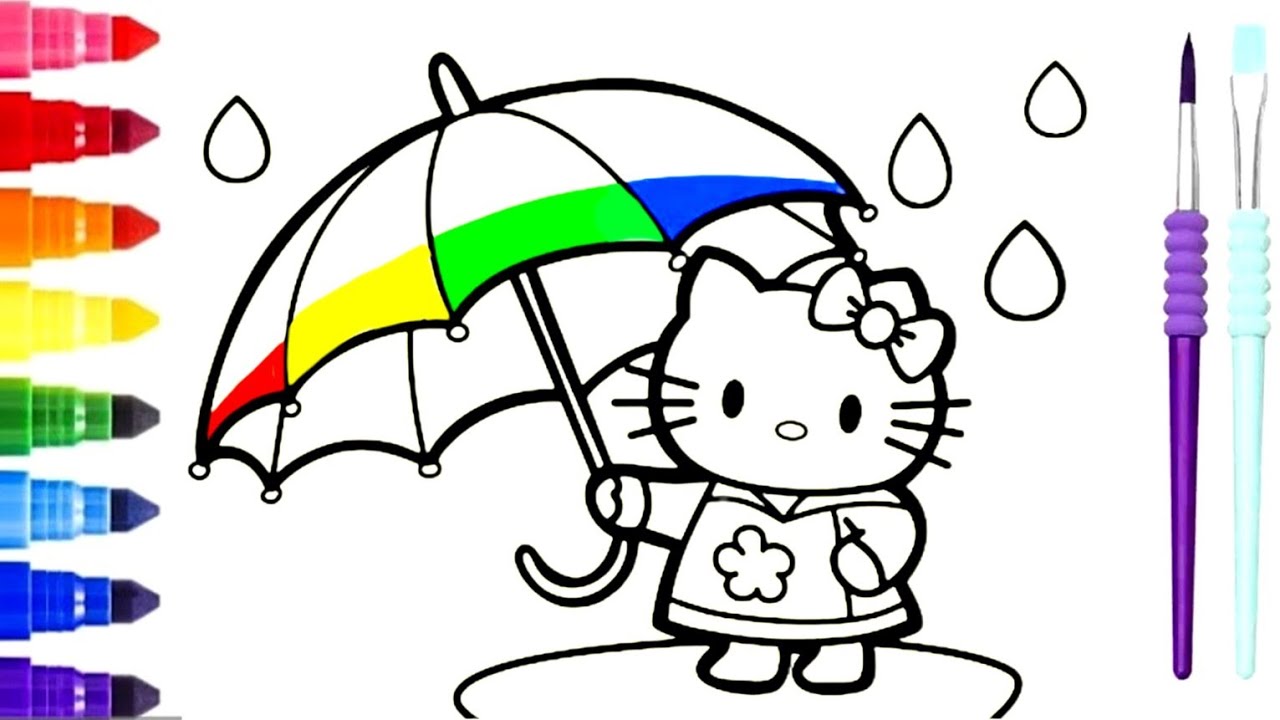 Hello Kitty with Umbrella ☔️in the rain🌧 drawing and coloring for kids ...