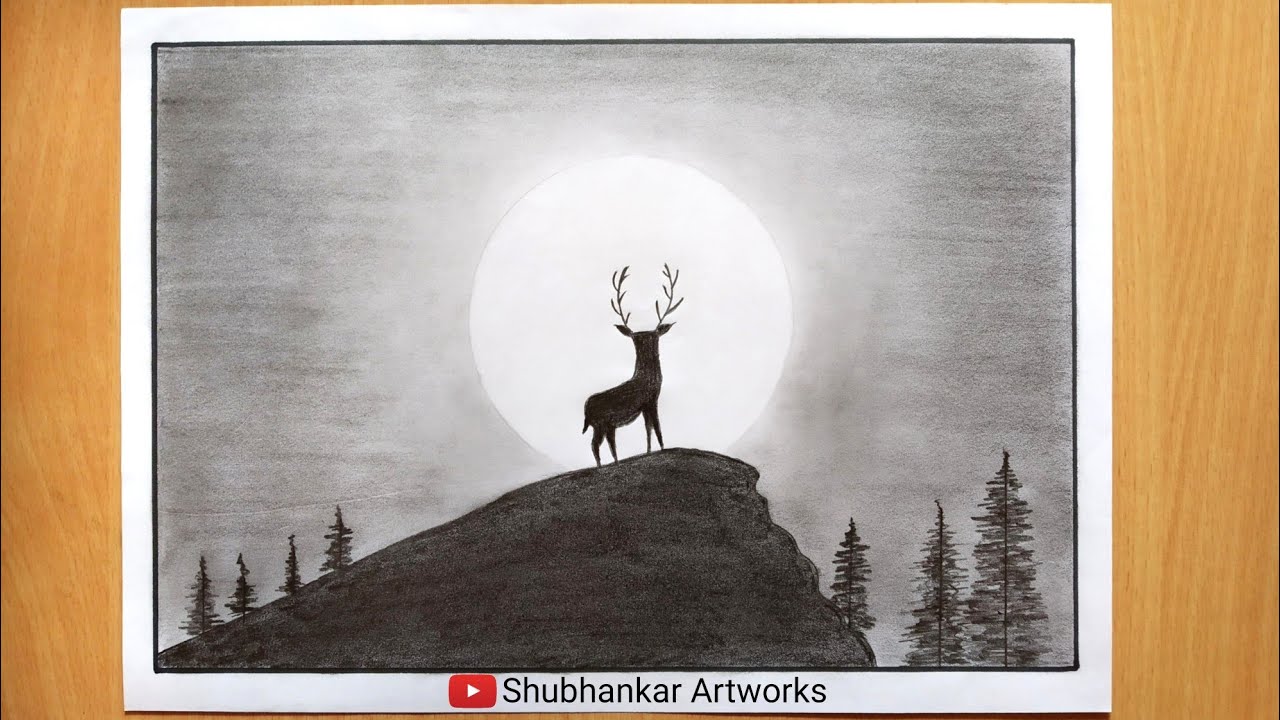 How to draw Moonlight night Deer drawing by pencil | Nature drawing by ...