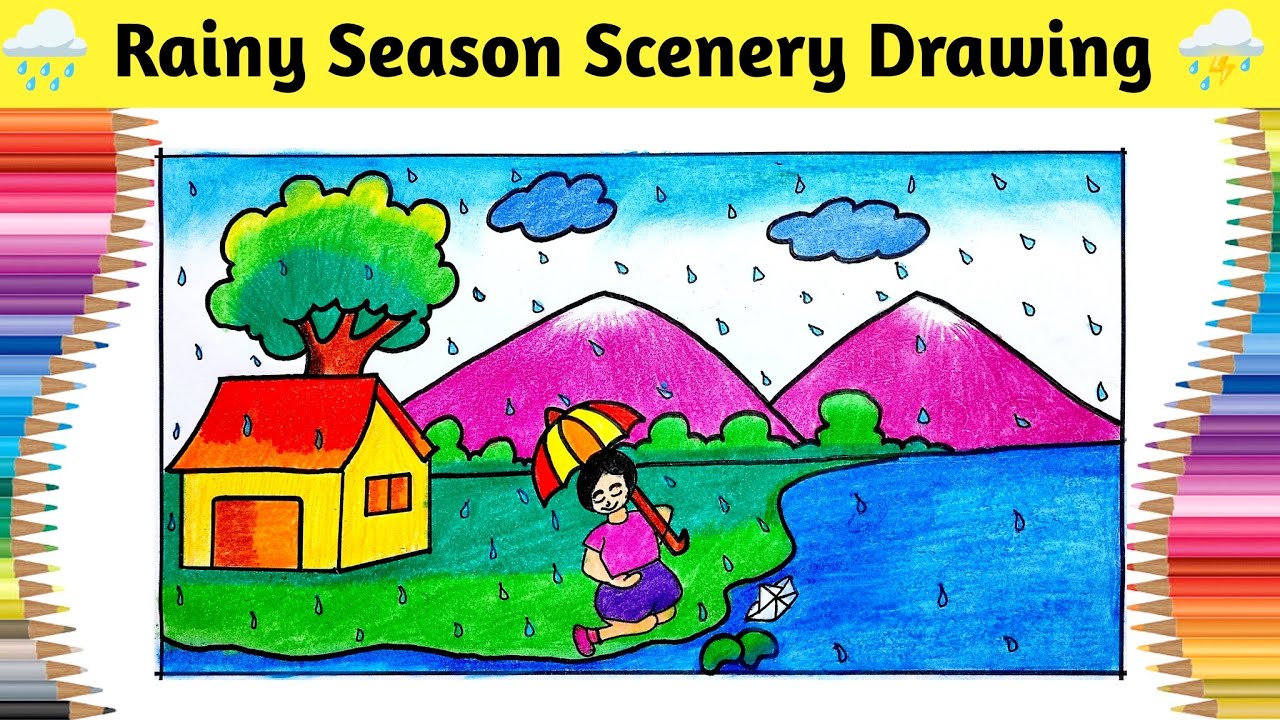 Rainy Season Drawing | Rainy Season Scenery Drawing | How to Draw Rainy ...