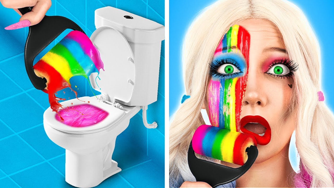 RAINBOW TOILET DECORATION CHALLENGE! DIY Cheap VS Expensive Gadgets and ...