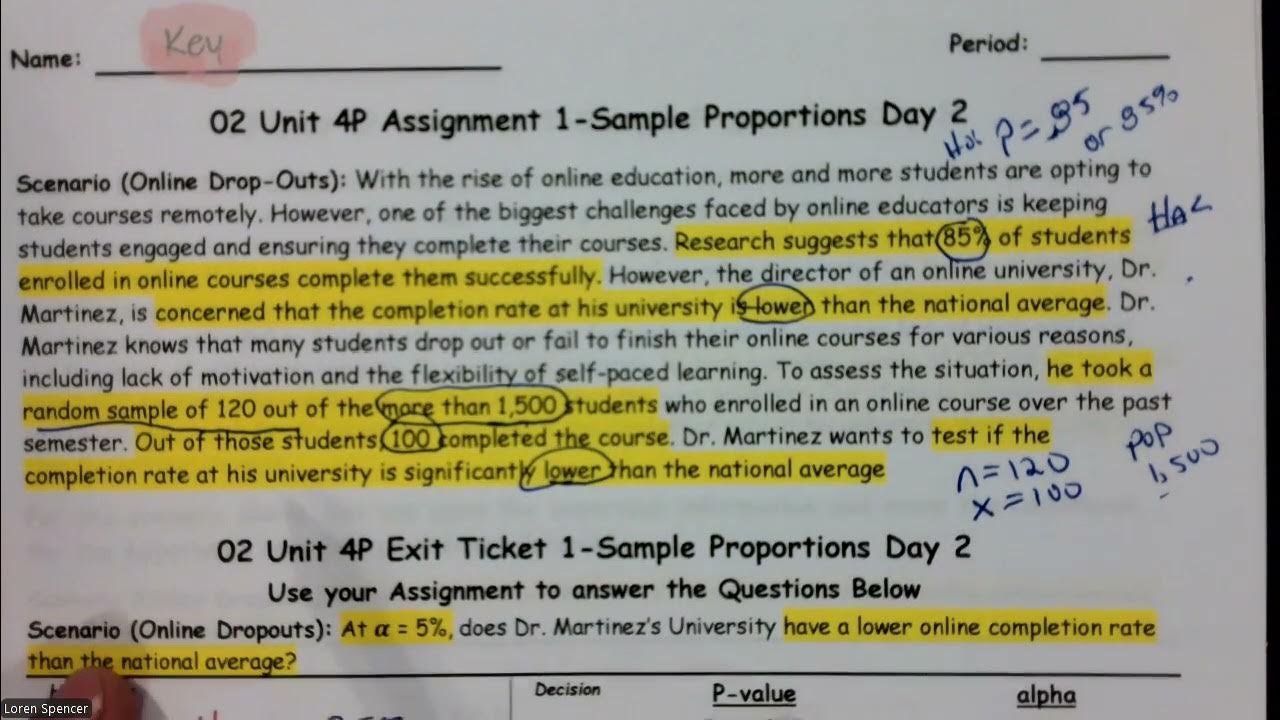02 Unit 4P Exit Ticket 1 Sample Proportions Online Dropouts - YouTube