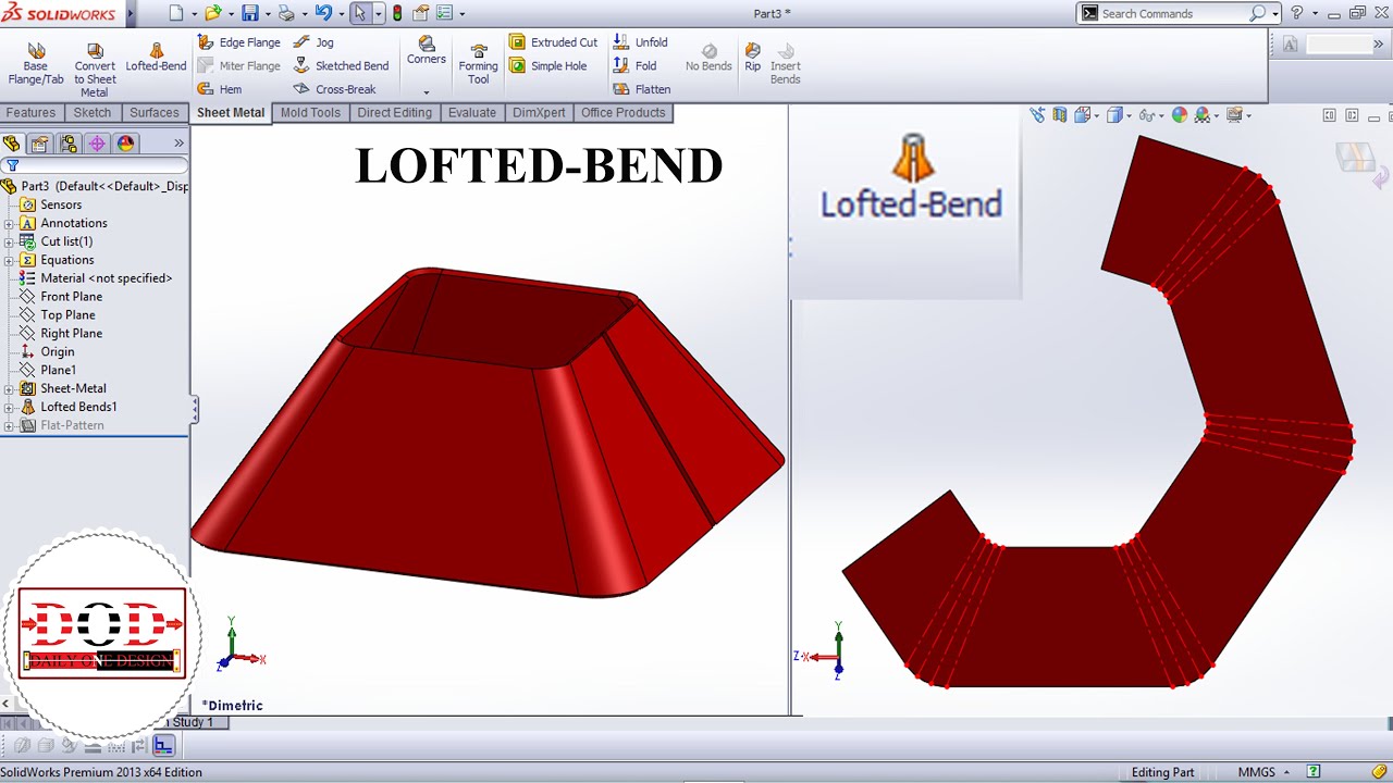 loft- bend command in solid works 2013 sheet metal - YouTube