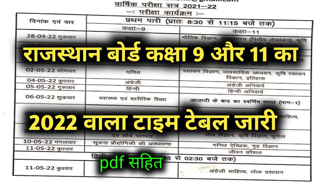 राजस्थान कक्षा 9 और 11 का 2022 वाला टाइम टेबल जारी ||Class 9 time table ...