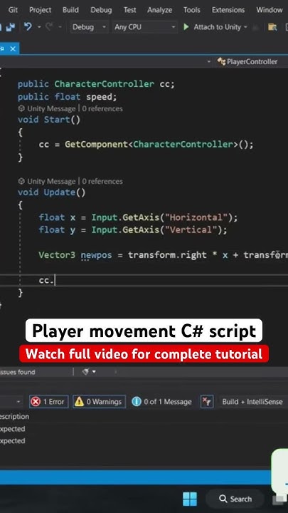 C Script For Player Movement In Unity Coding Gamedev Unity Tutorial Youtube