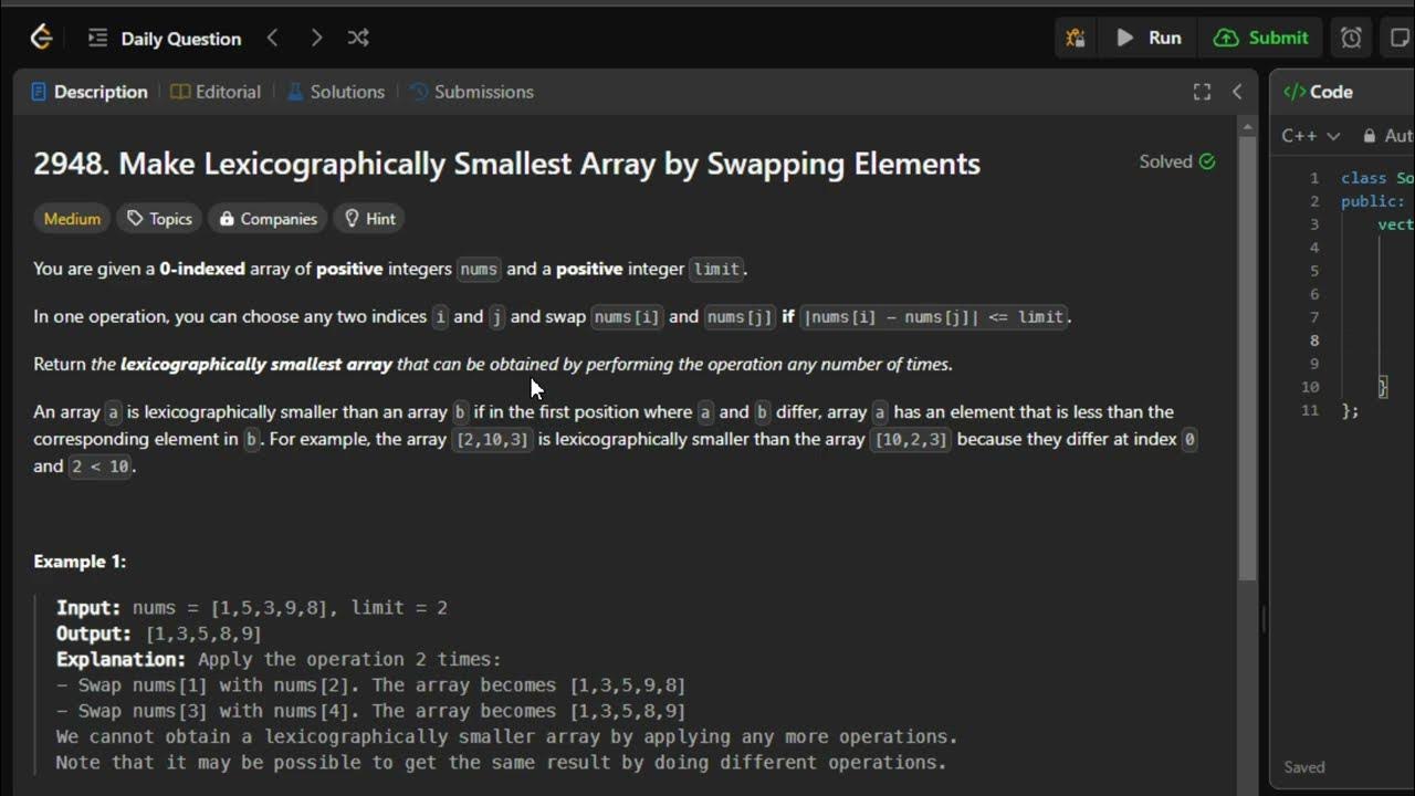 Make Lexicographically Smallest Array by Swapping Elements - LeetCode - YouTube