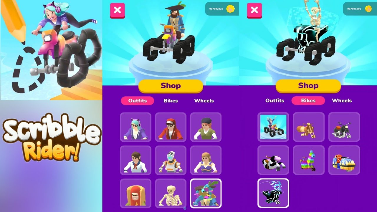 Scribble Rider All Outfits And Bikes Unlocked Gameplay - YouTube