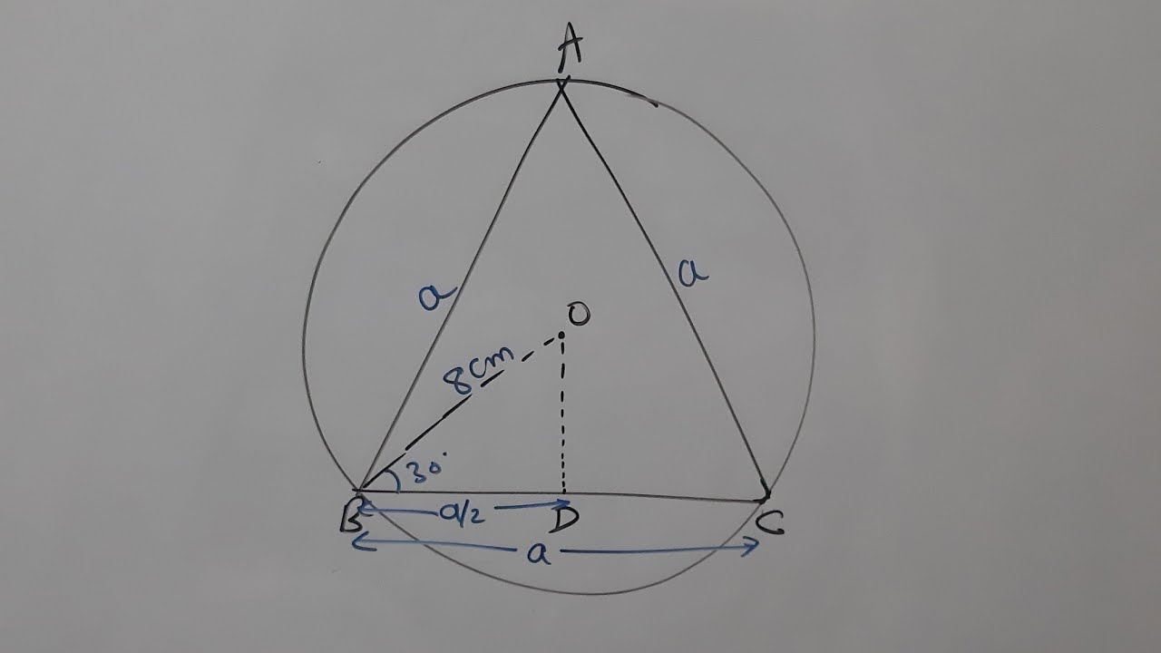 An equilateral triangle is inscribed in a circle of radius 8 cm, then ...