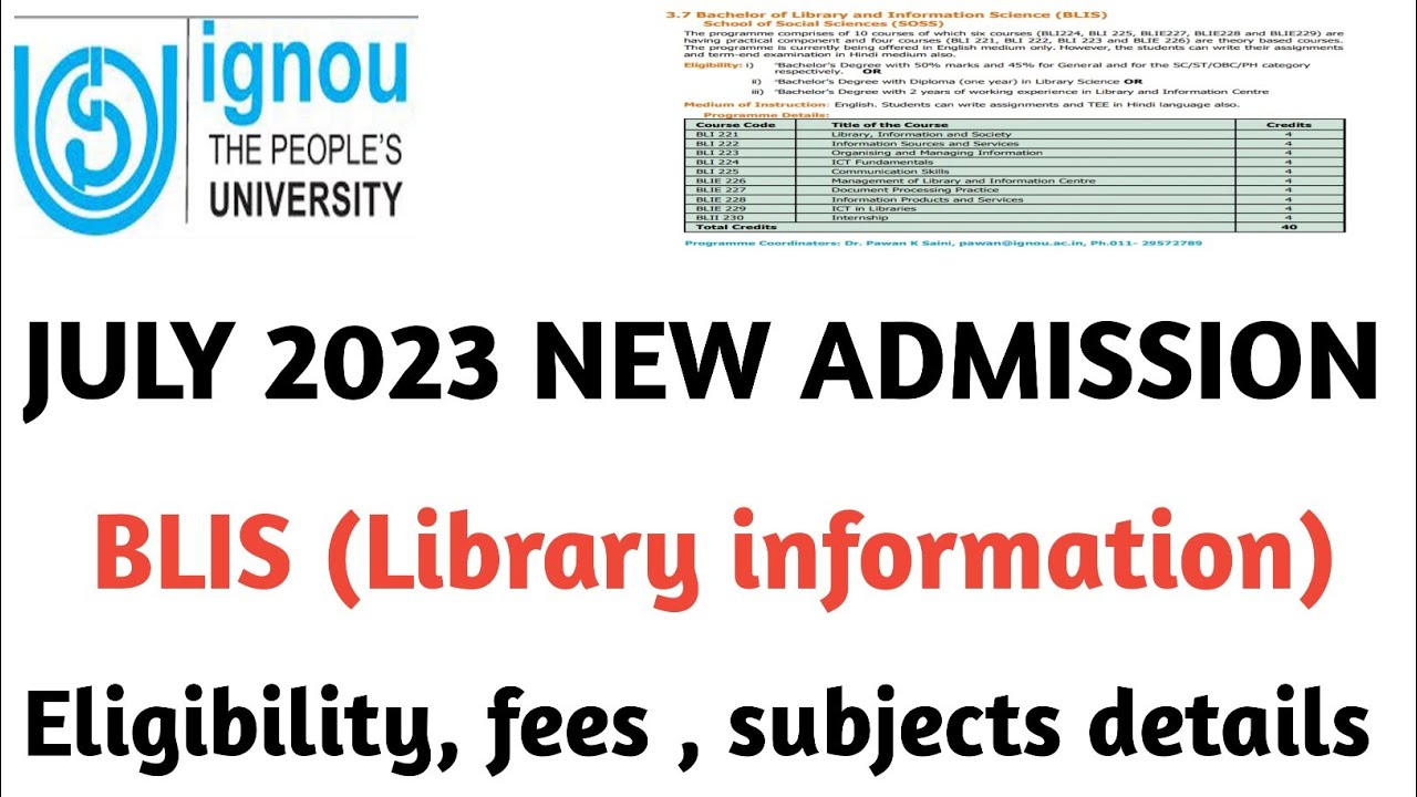 IGNOU JULY 2023 SESSION BLIS LIBRARY INFORMATION SCIENCE COURSE DETAILS ignou-july-2023-session-blis-library-information-science-course-details