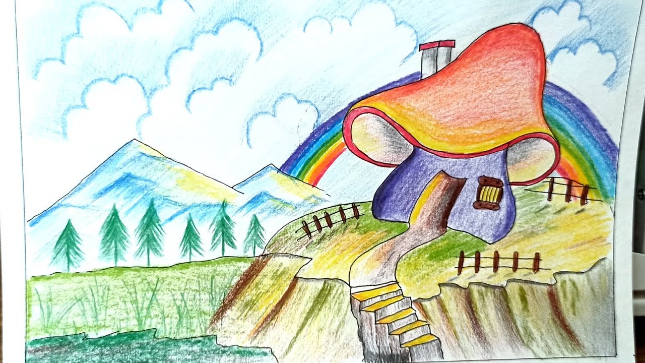 How to draw rainbow🌈 scenery drawing with pencil color/ easy rainbow ...
